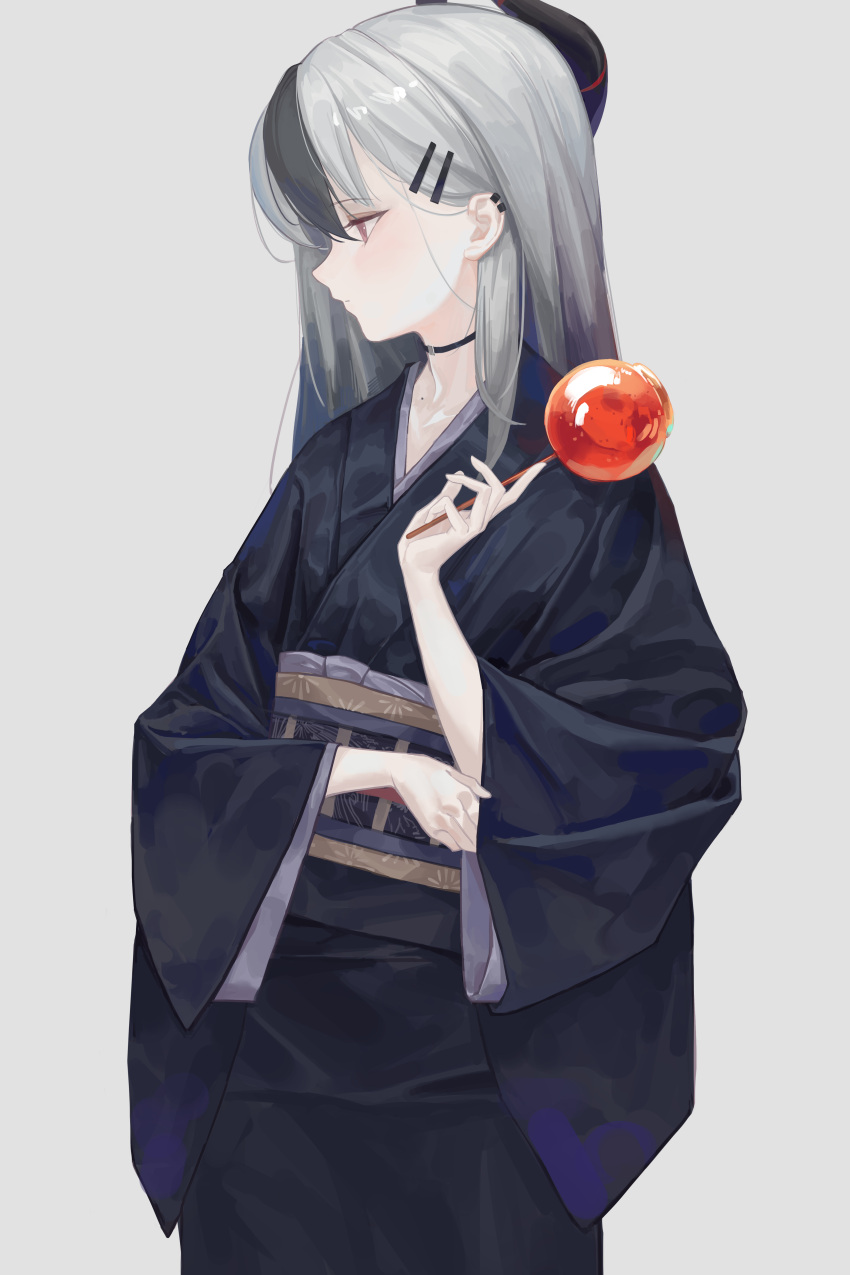Safebooru - 1girl absurdres black choker black hair black kimono blue archive candy apple choker ...