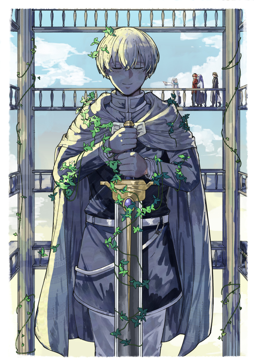 Safebooru - 2boys 2girls :d absurdres blue scarf bob cut brown hair ...