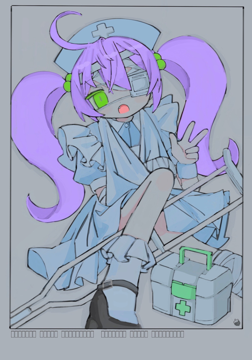 Safebooru - 1girl ahoge apron arm sling bandaged head bandages black footwear blue dress ...