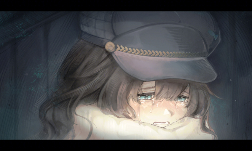 Safebooru - 1girl blue eyes brown hair cabbie hat clenched teeth crying ...