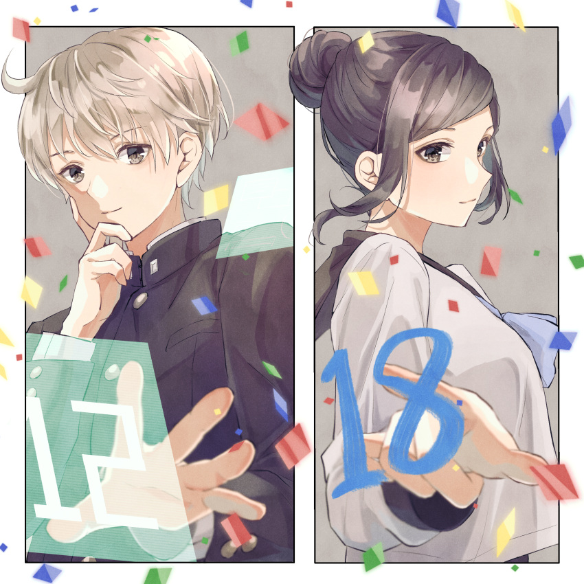 Safebooru - 1boy 1girl absurdres black jacket blue neckerchief brown hair gakuran grey serafuku ...