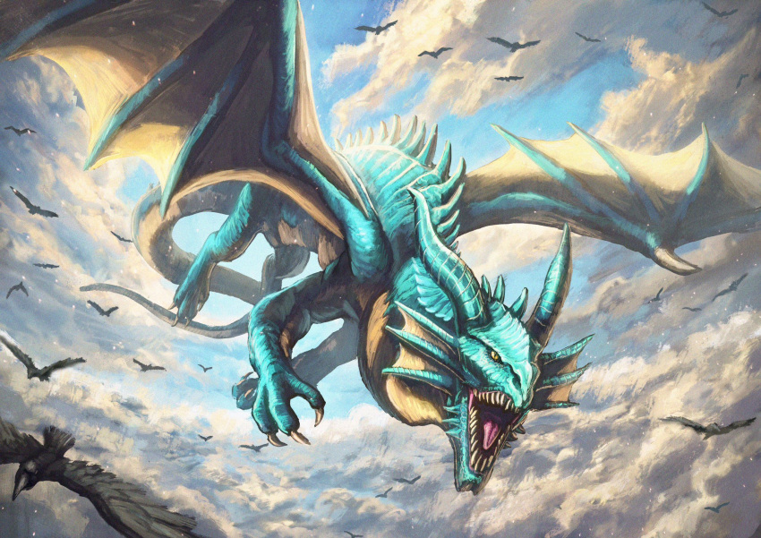 Safebooru - bird claws clouds crow dragon fantasy flying highres horns ...