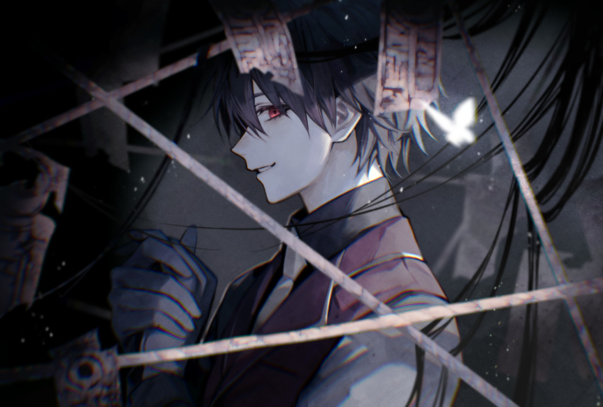 Safebooru - 1boy absurdres black hair black shirt blurry blurry foreground bug butterfly ...