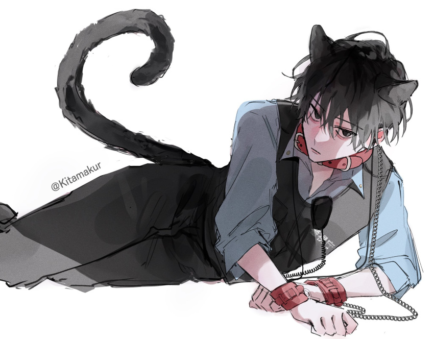Safebooru - 1boy animal ears arm support black eyes black hair black vest blue shirt cat boy cat ...