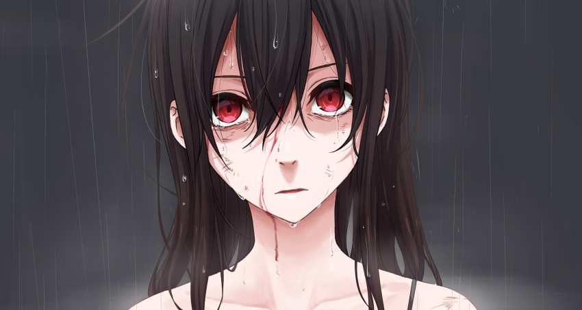 Safebooru - 1girl bare shoulders black hair bleeding blood blood on face commentary request ...