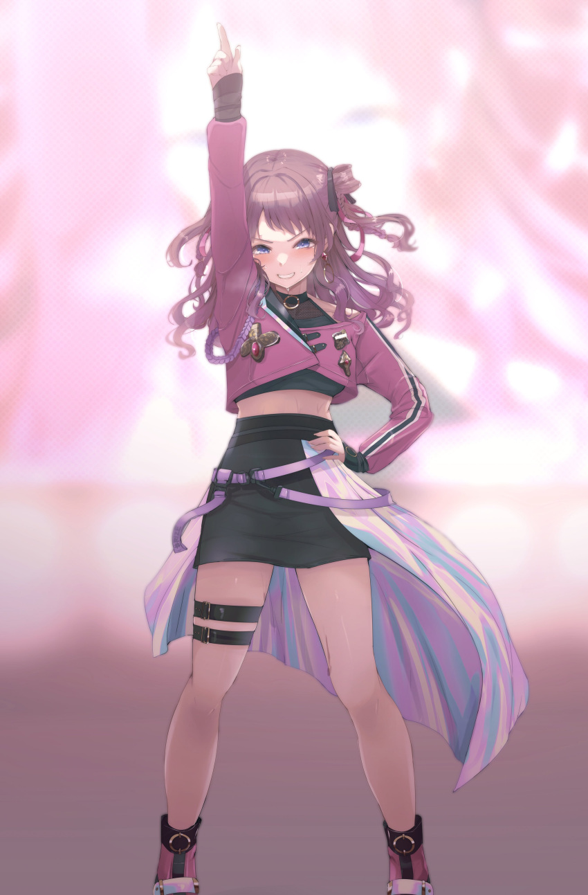 Safebooru - 1girl absurdres arm up belt black shirt black skirt blue eyes blush braid brown hair ...