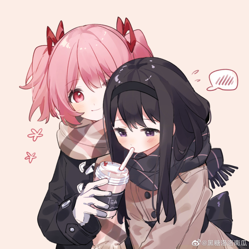 Safebooru - 2girls akemi homura alternate costume argyle clothes argyle scarf back bow black ...