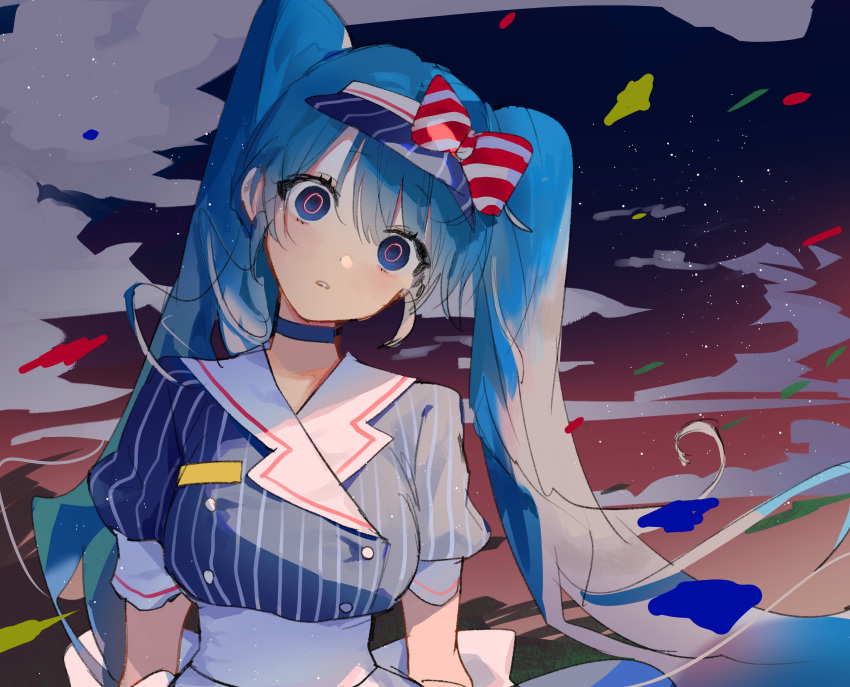 Safebooru - 030 bv 1girl absurdres black choker blue hair blue visor bow buttons choker clouds ...