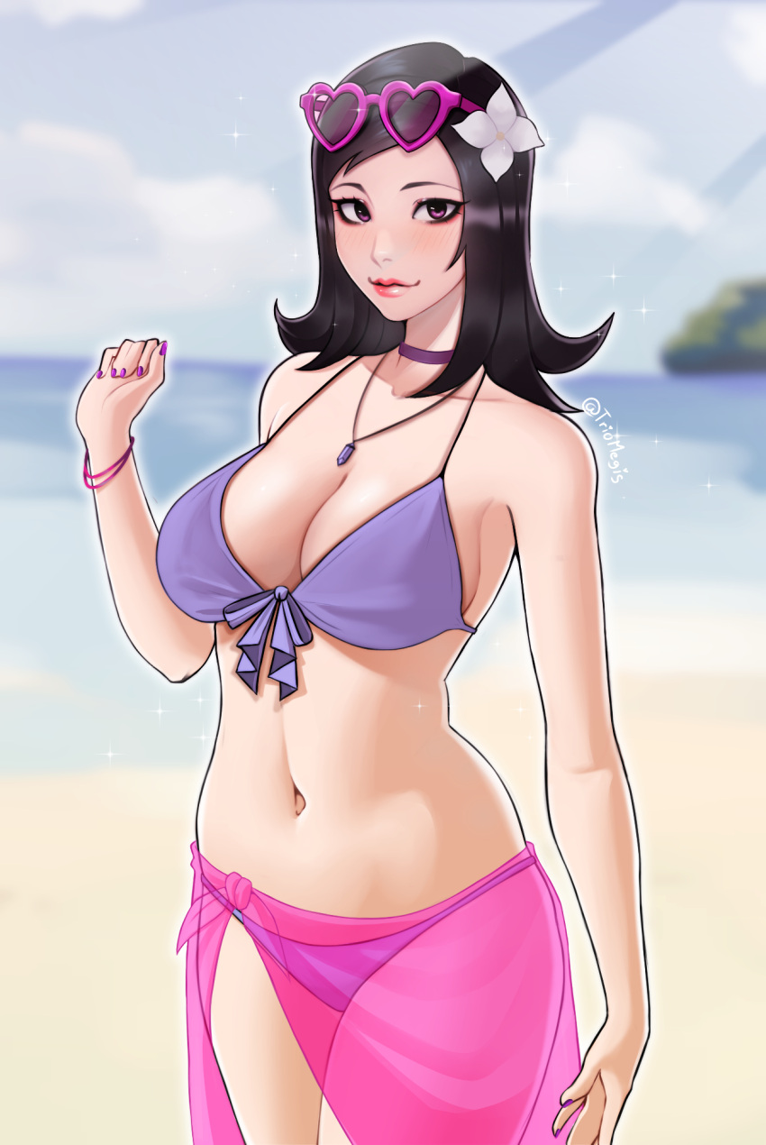 Safebooru - 1girl amano maya bangle beach bikini black hair bracelet breasts choker closed mouth ...