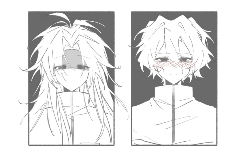 Safebooru - 2boys blush closed mouth greyscale hair between eyes ...