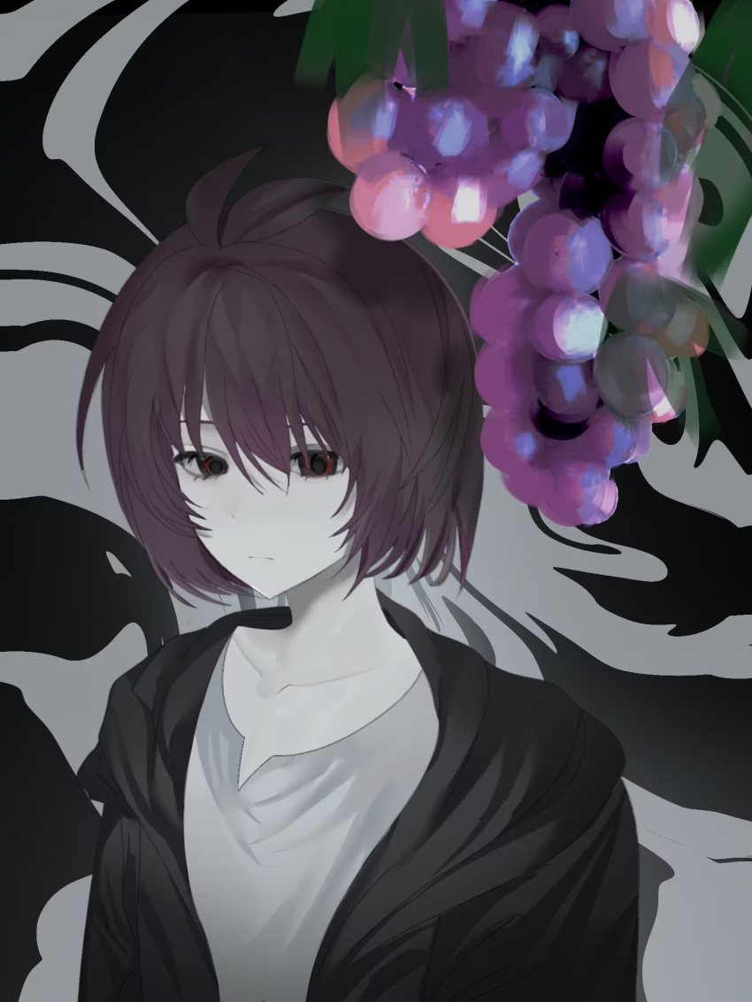 Safebooru - 1boy black jacket brown hair closed mouth colored skin expressionless food fruit ...