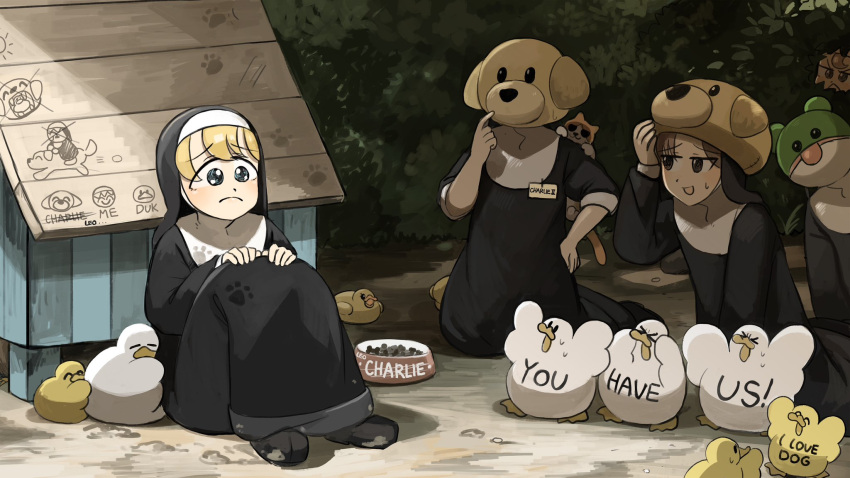 Safebooru - 5girls bird blonde hair blue eyes body writing bowl brown hair cat chicken clumsy ...