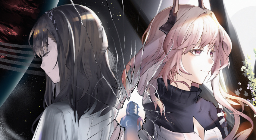 Safebooru - 1other 2girls absurdres ambiguous gender arknights black hair closed eyes crack ...