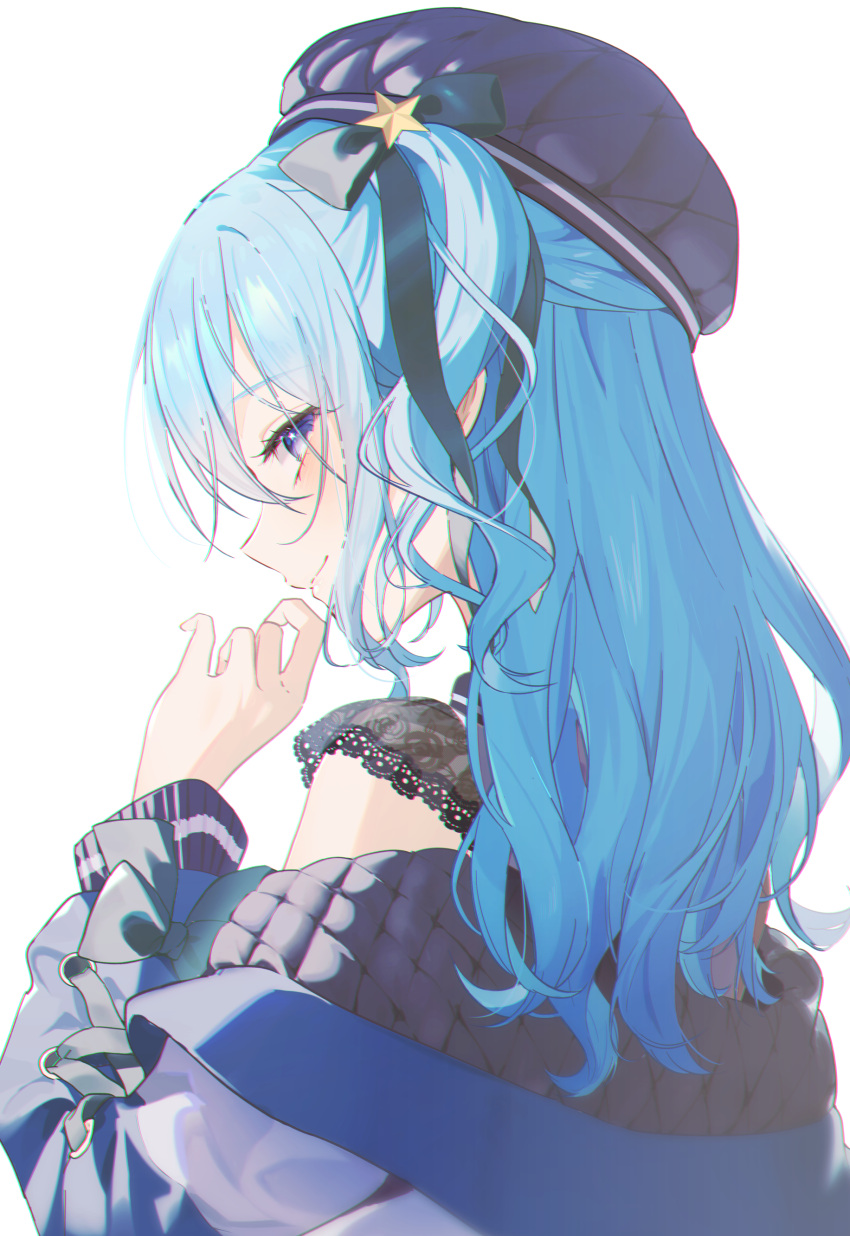 Safebooru - 1girl absurdres akaike black bow blue eyes blue hair blue hat bow closed mouth from ...
