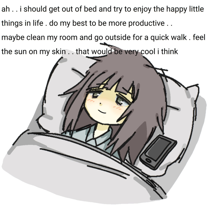 Safebooru - 1girl bed bed sheet brown hair english text female lying medium hair phone pillow ...