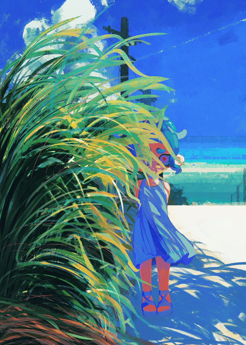 Safebooru - 1girl absurdres arms behind back bare shoulders blue dress blue footwear blue hair ...