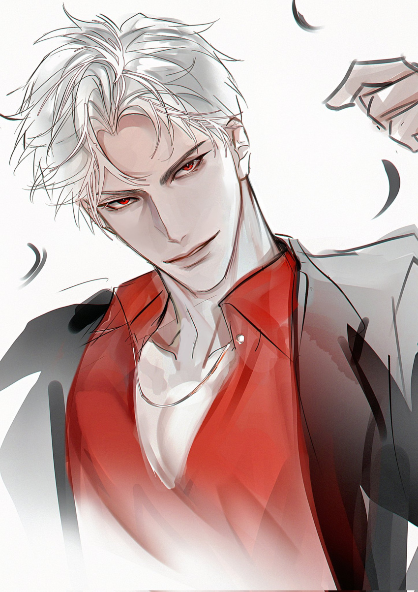 Safebooru - 1boy black jacket collarbone collared shirt feathers highres jacket lips looking at ...