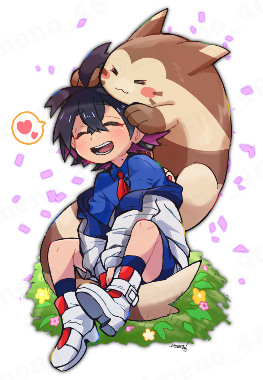 Safebooru - 1boy :3 black hair blue shirt blue socks blush closed eyes confetti crossed bangs ...