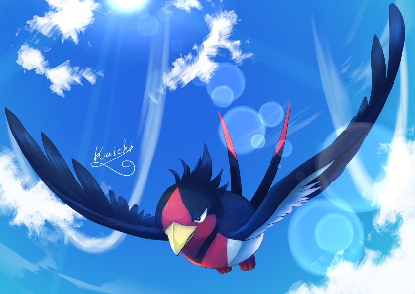 Safebooru - absurdres animal focus bird clouds commentary request day flying full body highres ...