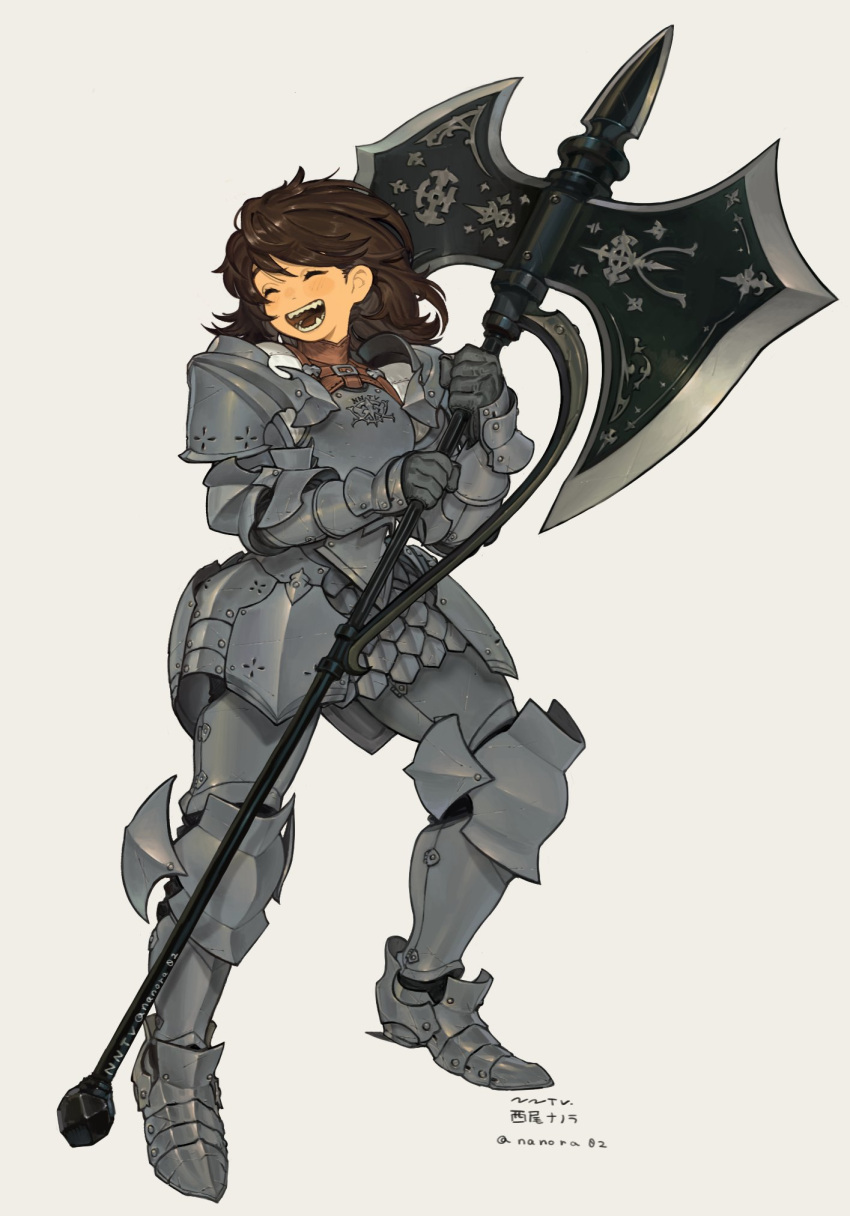 Safebooru - 1girl ^ ^ armor artist name axe battle axe brown hair closed eyes full body ...