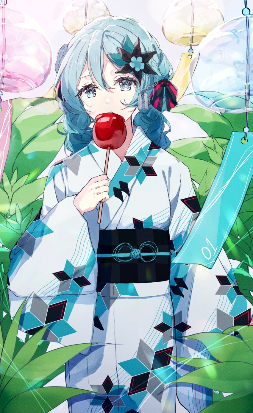 Safebooru - 1girl aqua eyes aqua hair black flower braid cowboy shot diamond (shape) eating ...