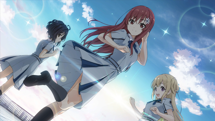 Safebooru - 22/7 22/7 ongaku no jikan 3girls belt black footwear black socks blonde hair blue ...