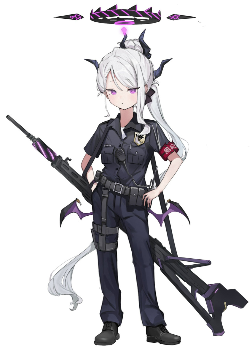 Safebooru - 1girl black horns blue archive demon girl demon horns demon wings full body gun halo ...