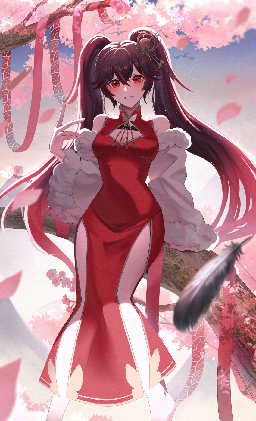 Safebooru - 1girl absurdres bare legs black hair cherry blossoms china dress chinese clothes ...