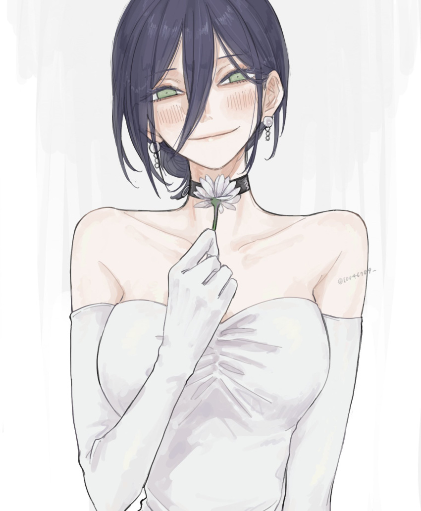 Safebooru - 1girl artist name blush chainsaw man choker dress earrings flower gloves green eyes ...