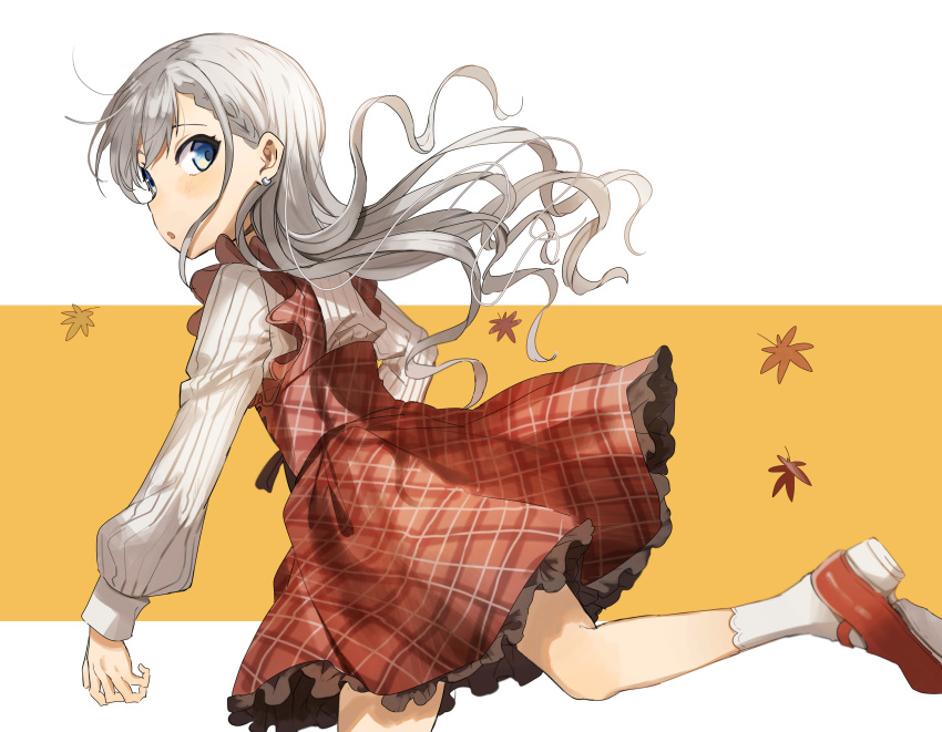 Safebooru - 1girl absurdres autumn leaves blue hair blush dress ...