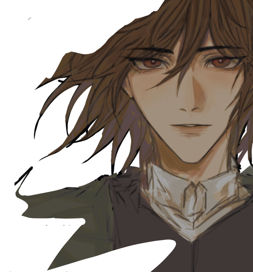 Safebooru - 1boy black vest brown hair collared shirt green jacket hair between eyes harada ...