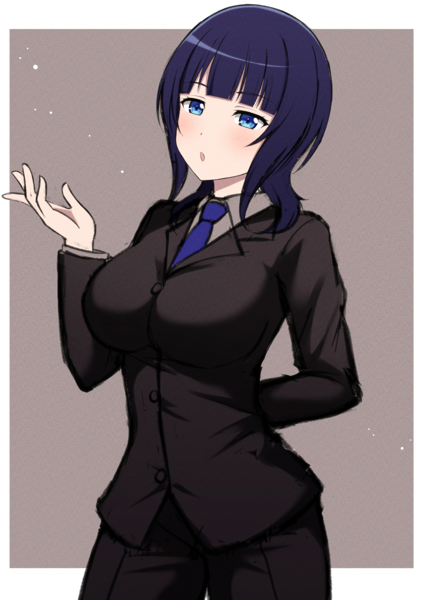 Safebooru - 1girl arm behind back asaka karin black jacket black pants black suit blue eyes blue ...