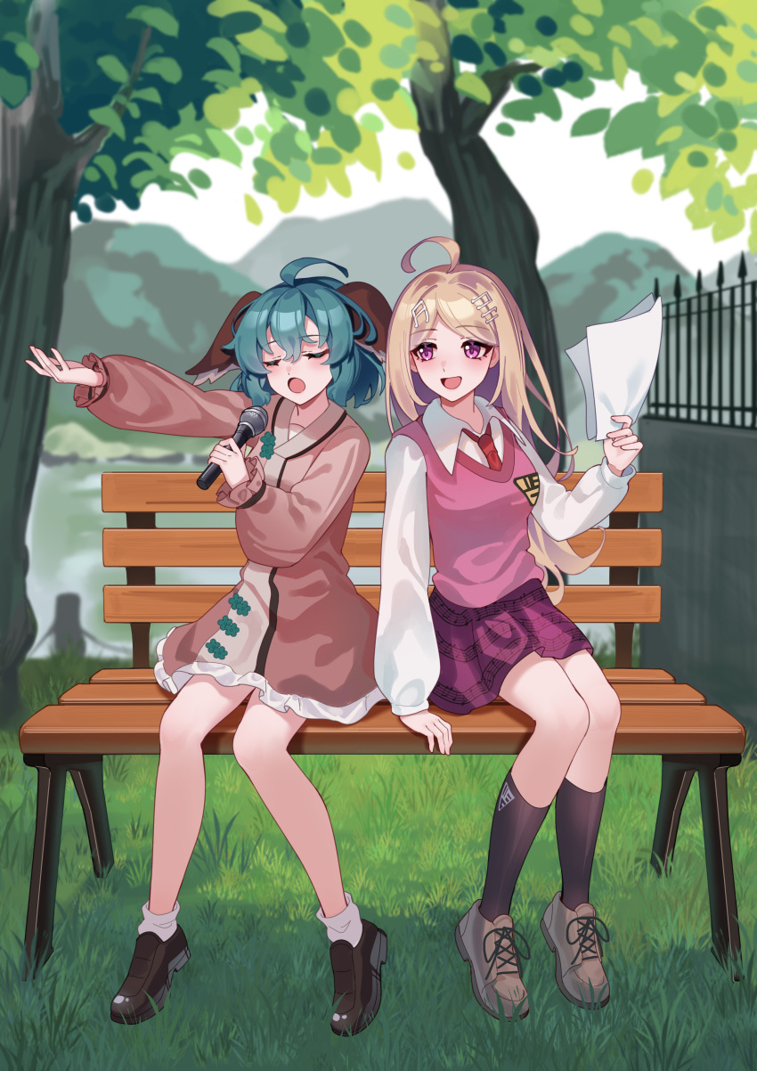 Safebooru - 2girls absurdres ahoge ailu elf akamatsu kaede animal ears bench black footwear ...