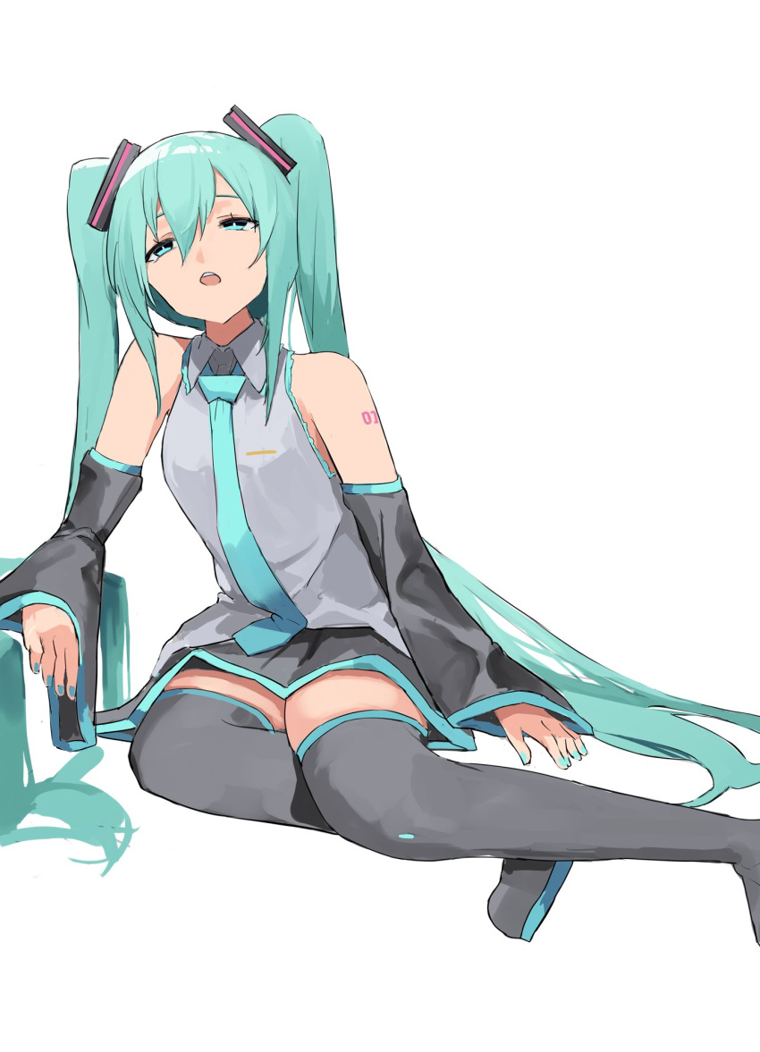 Safebooru - 1girl aqua eyes aqua hair aqua necktie black sleeves boots d: grey shirt hair ...