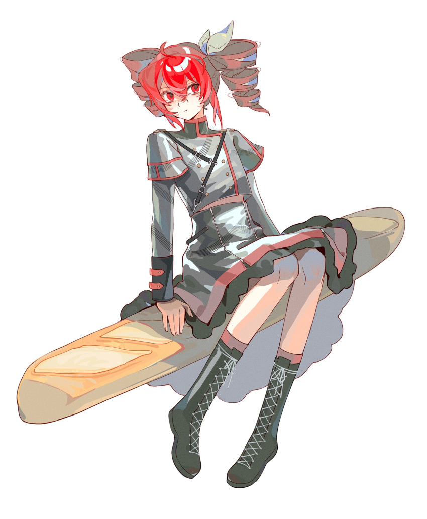 Safebooru - 1girl ahoge baguette black footwear boots bow bread buttoned cuffs buttons cross ...