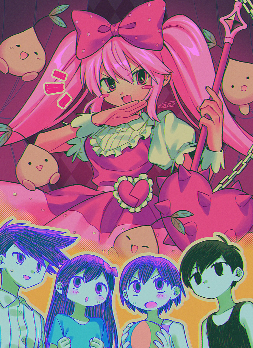 Safebooru - 2girls 3boys :d :o antenna hair arms at sides aubrey ...