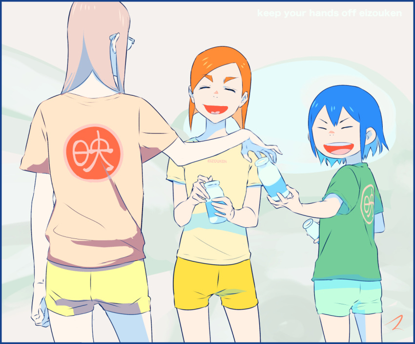 Safebooru - 3girls asakusa midori bob cut bottle closed eyes clothes writing commentary ...