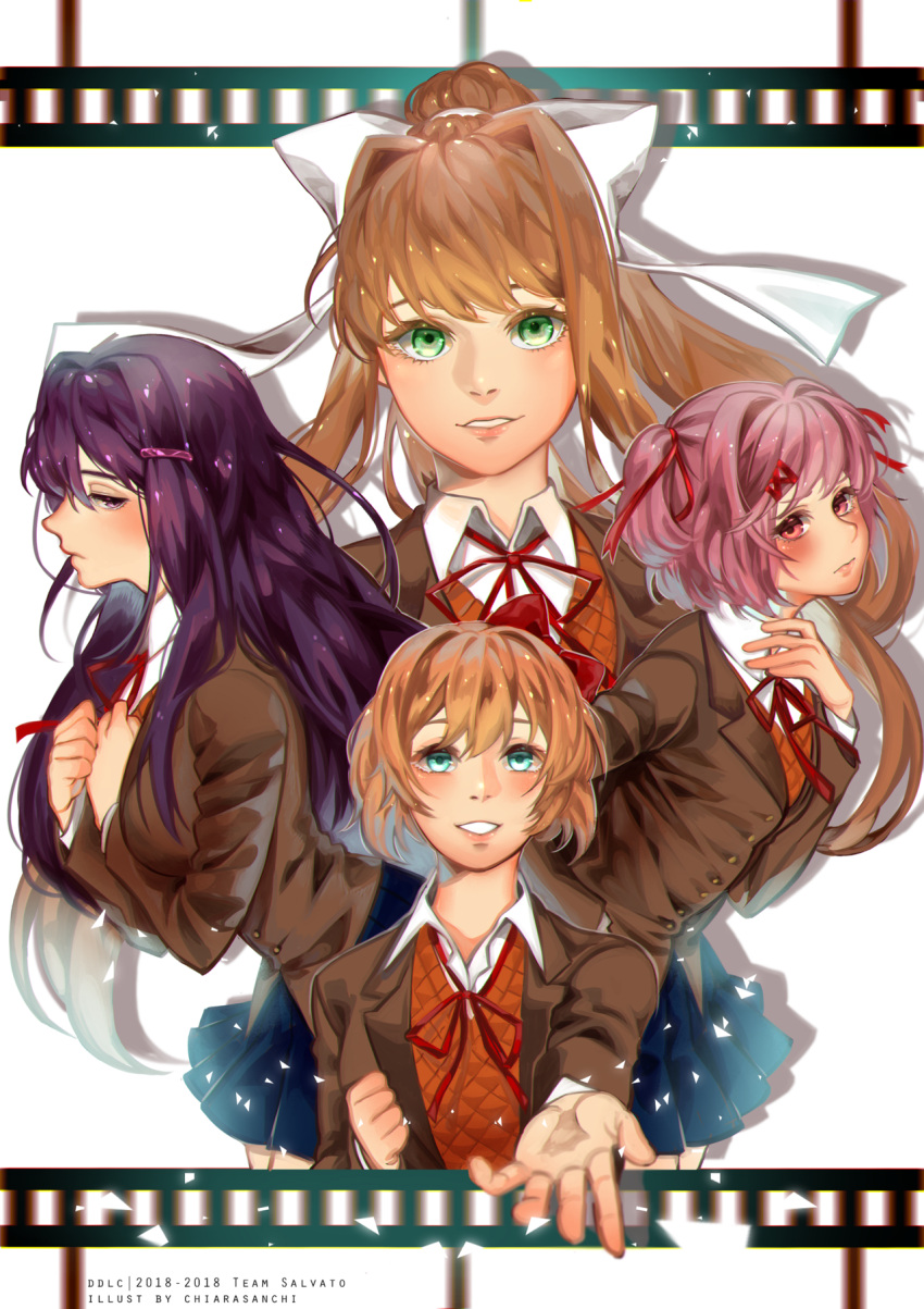 Safebooru - 4girls aqua eyes blazer blue skirt blush bow brown hair ...