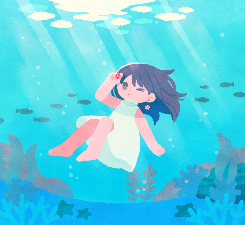 Safebooru - 1girl air bubble bare arms barefoot black hair bubble closed mouth coral dappled ...