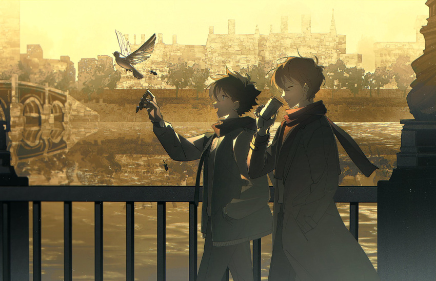 Safebooru - 2boys bird blue eyes blush bridge brown hair city closed ...