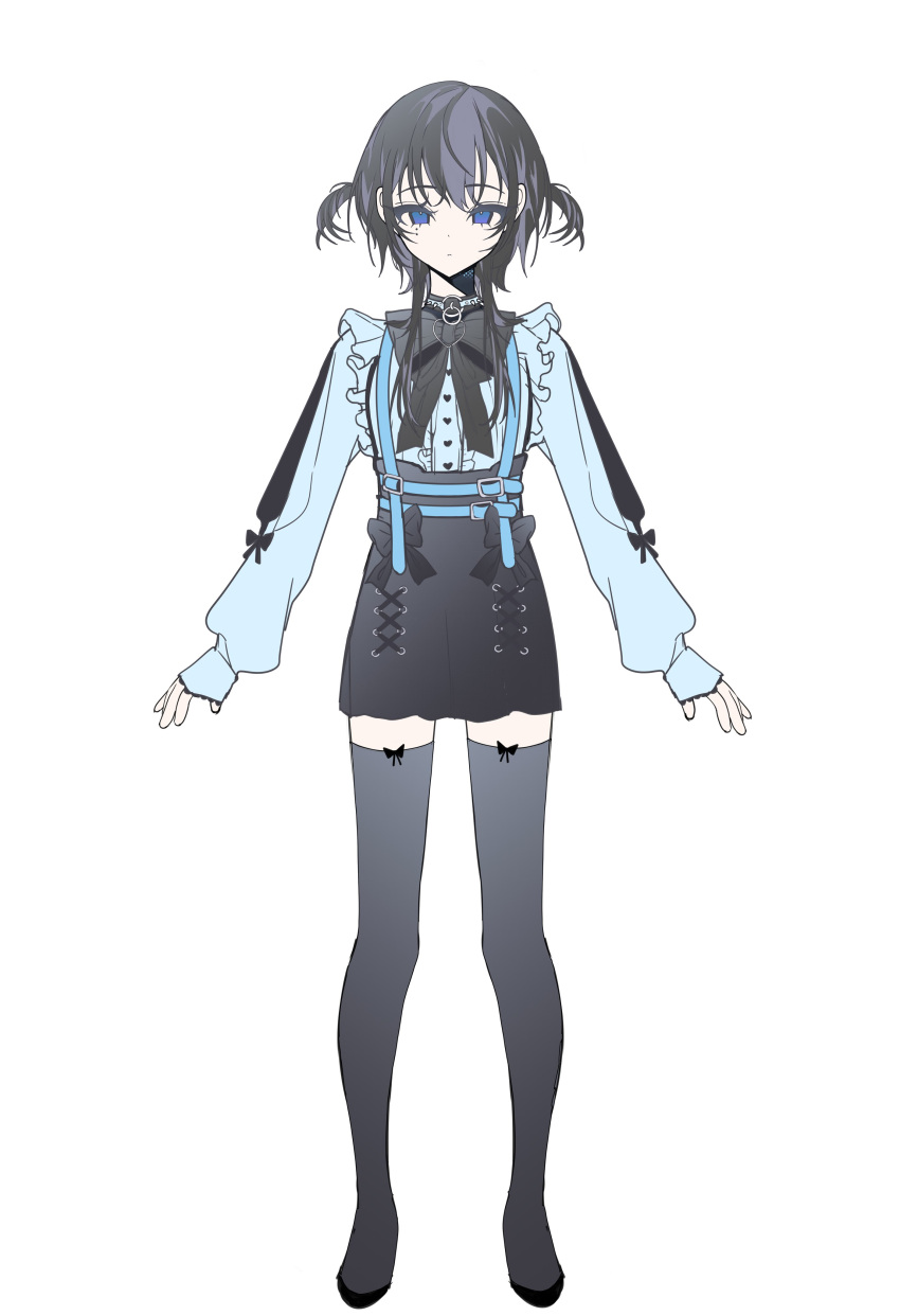 Safebooru - 1girl absurdres black bow black bowtie black hair black skirt black thighhighs blue ...