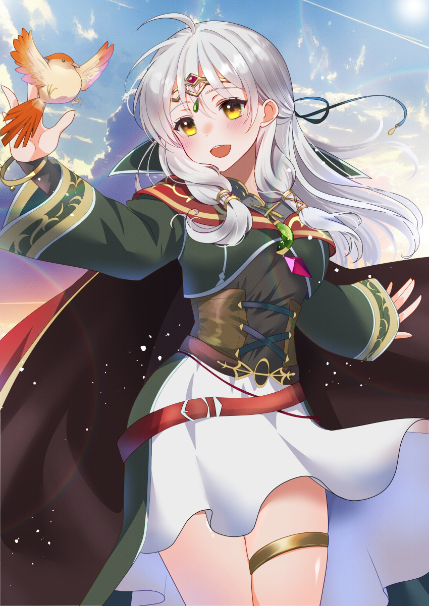 Safebooru - 1girl :d absurdres azusa (azchemist63) belt bird black bridal gauntlets bridal ...