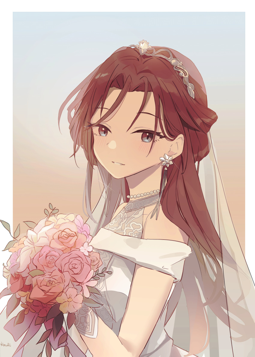 Safebooru - 1girl absurdres aketa mikoto blush bouquet bridal veil brown hair commentary dress ...