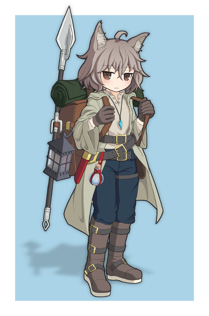 Safebooru - 1other animal ears backpack bag belt boots black pants boots bottle brown eyes brown ...