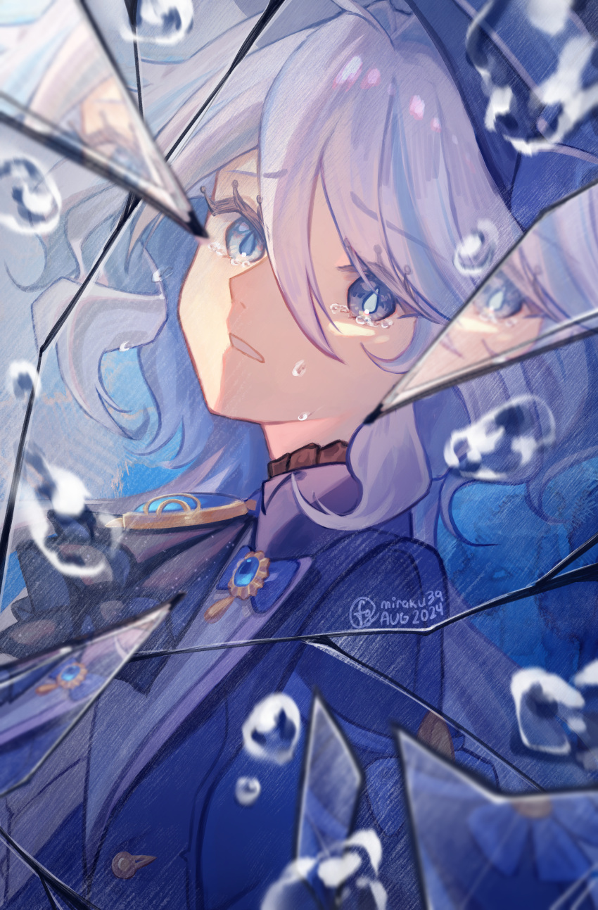 Safebooru - 1girl absurdres artist name ascot blue ascot blue eyes blue gemstone blue hair blue ...