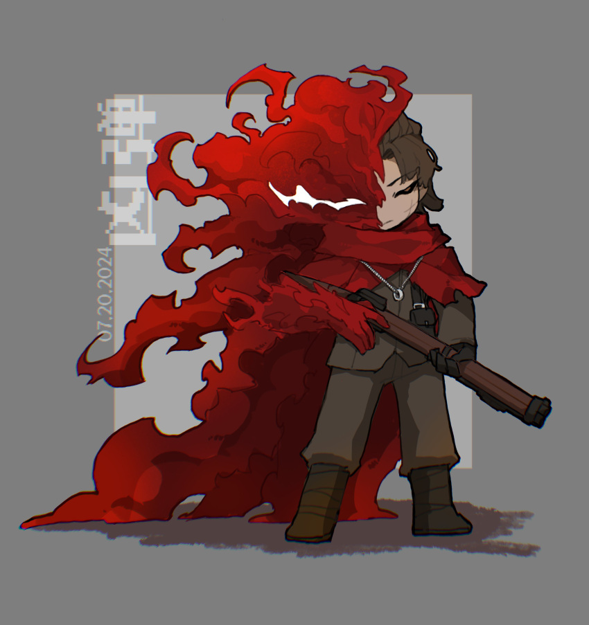 Safebooru - absurdres brown hair chibi coat dark skin fell bullet (e.g ...