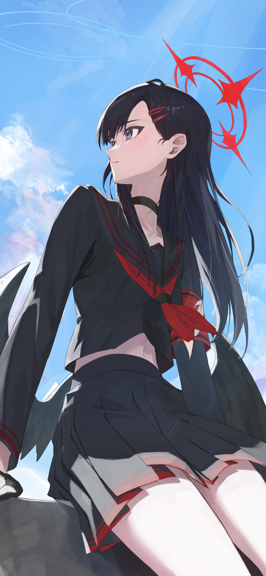 Safebooru - 1girl absurdres black choker black hair black serafuku black skirt black wings blue ...