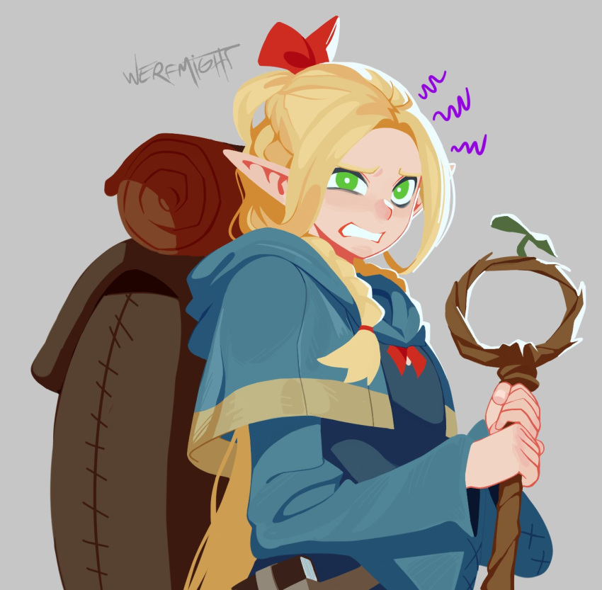 Safebooru - 1girl backpack bag blonde hair blue capelet blush braid brown bag capelet clenched ...