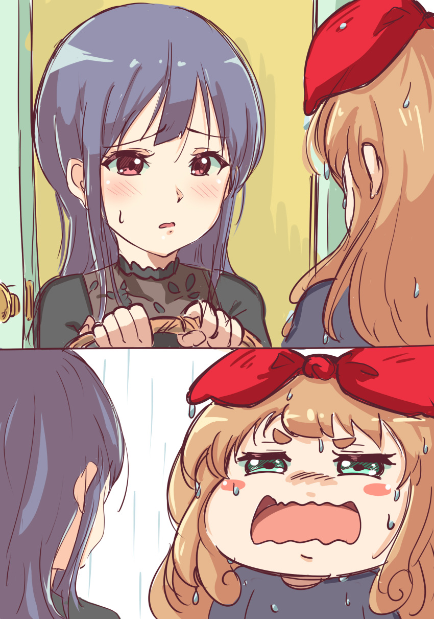 Safebooru - 2girls absurdres basket black dress black hair brown hair commentary cosplay door ...