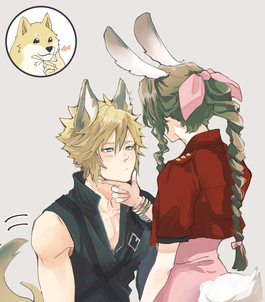 Safebooru - 1boy 1girl aerith gainsborough animal ears armor bangle black shirt blonde hair blue ...